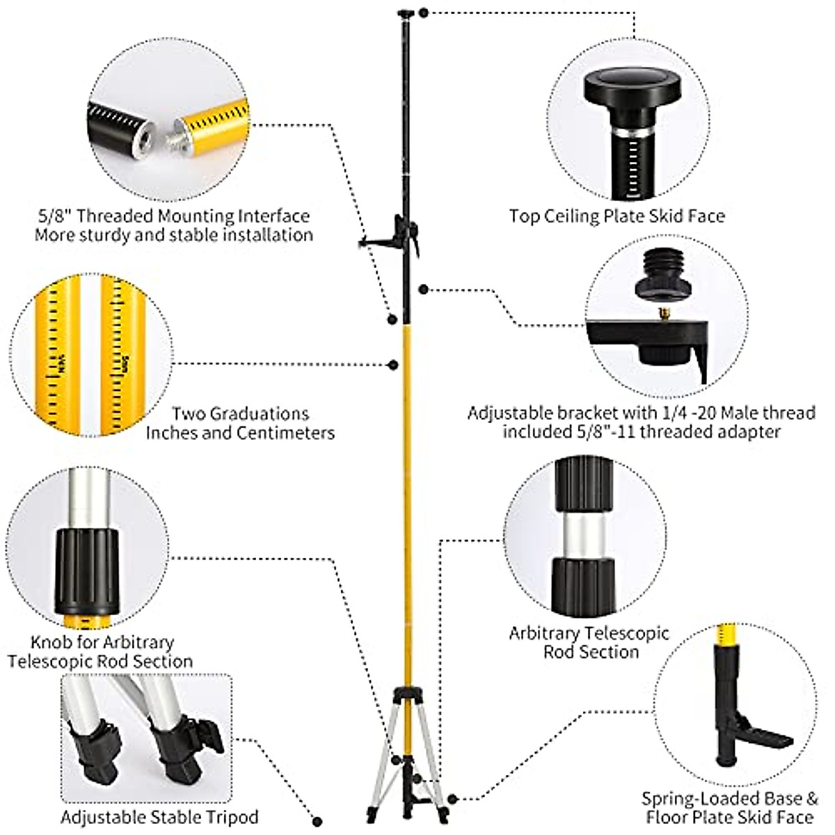 Laser Level Pole, Telescoping Support Pole 12FT/3.7M with Tripod and Mount for Lasers Level of Rotary and Line Lasers (MET-SP3 Pole Without Tripod)