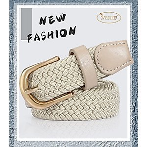 JASGOOD Women Braided Elastic Belt, 1'' Narrow Width Woven Fabric Belt for Jeans Men Golf Belt with Gold Buckle, B-Black+Khaki