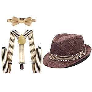 IZKIZF Kids 1920s Costume Fedora Gangster Hat Y-Back Suspenders Bow Tie Wedding Birthday Party Halloween Cosplay Outfit 2-6T Coffee