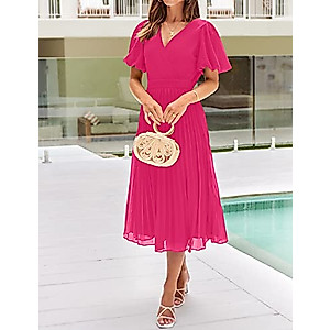 MEROKEETY Summer Dress for Women 2023 Wrap V Neck Bubble Sleeve Pleated Party Midi Dresses,HotPink,S