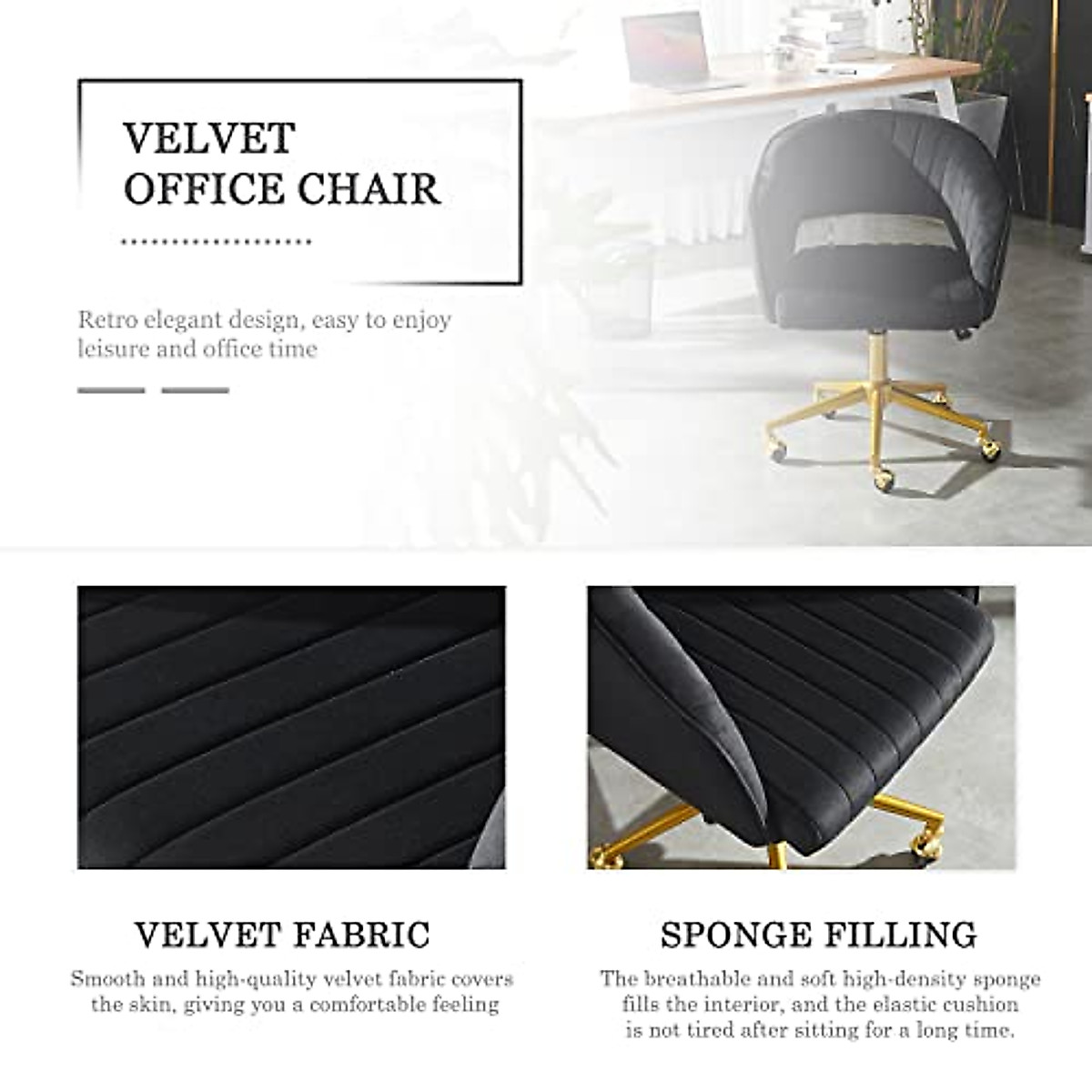 Kiztir Velvet Home Office Chair, Modern Swivel Desk Chair with Gold Base, Round Solid Wheel, Adjustable Vanity Chair for Study, Living Room, Bedroom (Black)