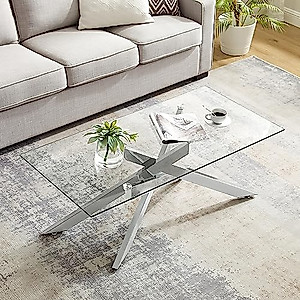 Rectangle Modern Coffee Table, Tempered Glass Top and Metal Tubular Leg, 47.3”Lx23.6”Wx18.1”H, Silver
