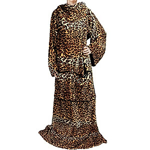 MACEVIA Travel Blanket with Sleeve for Women Men Adult Wearable Blanket Warm Cozy Super Soft Sleeved Throw with Arm 2 in 1 Blanket Pillow for Airplane Train Camping Travel Watching TV - Leopard Print