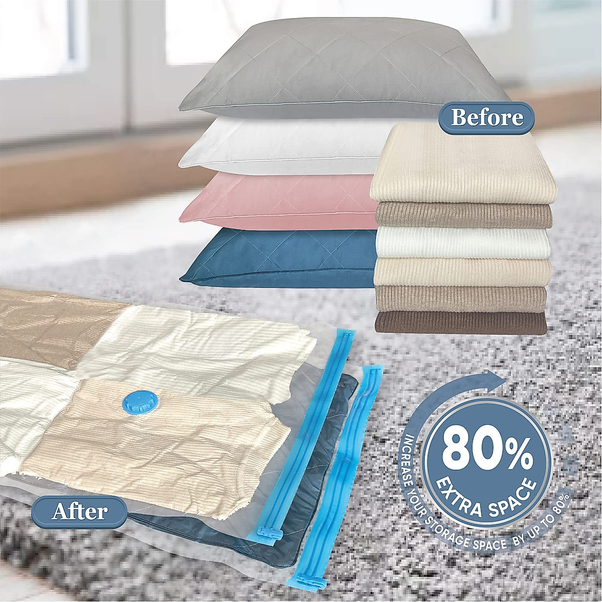 RoomiPro Space Saver Vacuum Storage Bags, 8 Medium Vacuum Sealer Bags with Pump, Storage Vacuum Sealed Bags for Clothing, Comforters, Blanket Storage, Bedding