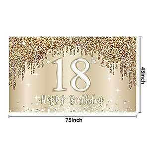 Happy 18th Birthday Banner Backdrop Decorations for Girls, Gold White Sweet 18 Birthday Sign Party Supplies, Eighteen Year Old Birthday Photo Booth Background Poster Decor(72.8 x 43.3 Inch)