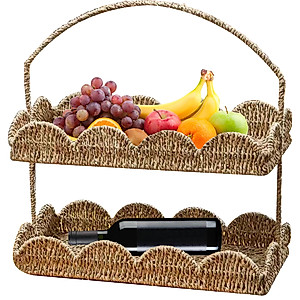 Seagrass Baskets 2 Layers Scalloped Basket Tray with Handle Rustic Decorative Woven Basket with Scalloped Edge Coffee Table Basket Organizer for Home Bedroom Living Room Organizing 15.6x7.9x9.8 Inch