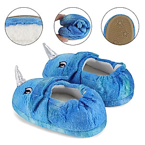 KAKU NANU Kids Slippers Cozy Animal Slippers for Boys Girls, House Indoor Non-Slip Rubber Sole Warm Memory Foam Shoes (7-8 Toddler,Blue)