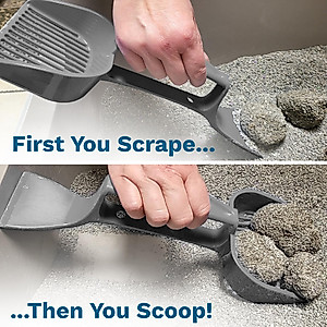 SCRAPE 'N' SCOOP Cat Litter Clump Remover with Sifter – Litter Box Scooper & Scraper 2 in 1 for Litter Tray, Potty, & Litter Pan - Animal Waste Cleaner Tool - Pet Accessories & Supplies - Grey