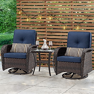 Gardenbee Patio Swivel Glider Wicker Chairs - Outdoor Swivel Rocking Chairs Set of 4 with 2 Wicker Side Tables, Patio Swivel Rocker Chair 6 Piece Patio Furniture Sets for Patio Porch Deck(Brown/Blue)
