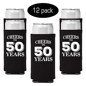 Veracco Cheers To 50 Years Fifth Birthday Gift Fifty and Fabulous Party Favors Decorations Slim Can Coolie Holder (Black, 12)