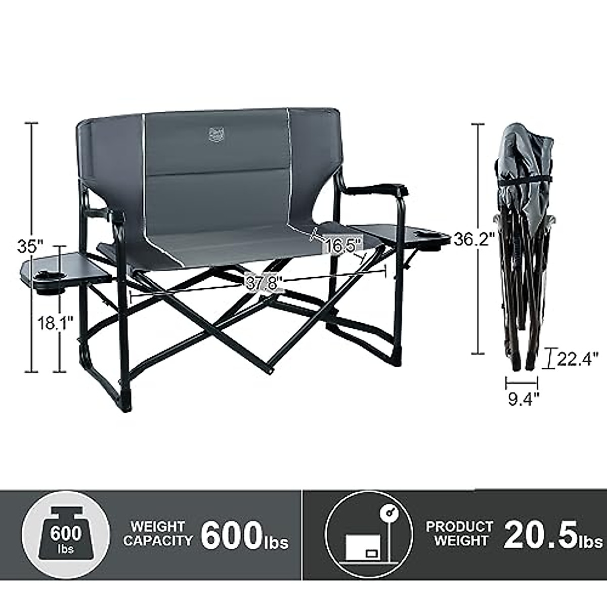 TIMBER RIDGE Oversized Double Folding Camping Side Tables 2 Person Lawn Chair, Heavy Duty Support 600 LBS for Outdoor, Grey
