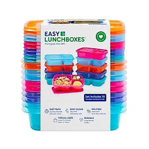 EasyLunchboxes® - Original Stackable Lunch Boxes - Reusable 3-Compartment Food Containers for Kids and Adults - Bento Lunch Box for Meal Prep, School, & Work - BPA Free, Set of 10 (Jewel Brights)