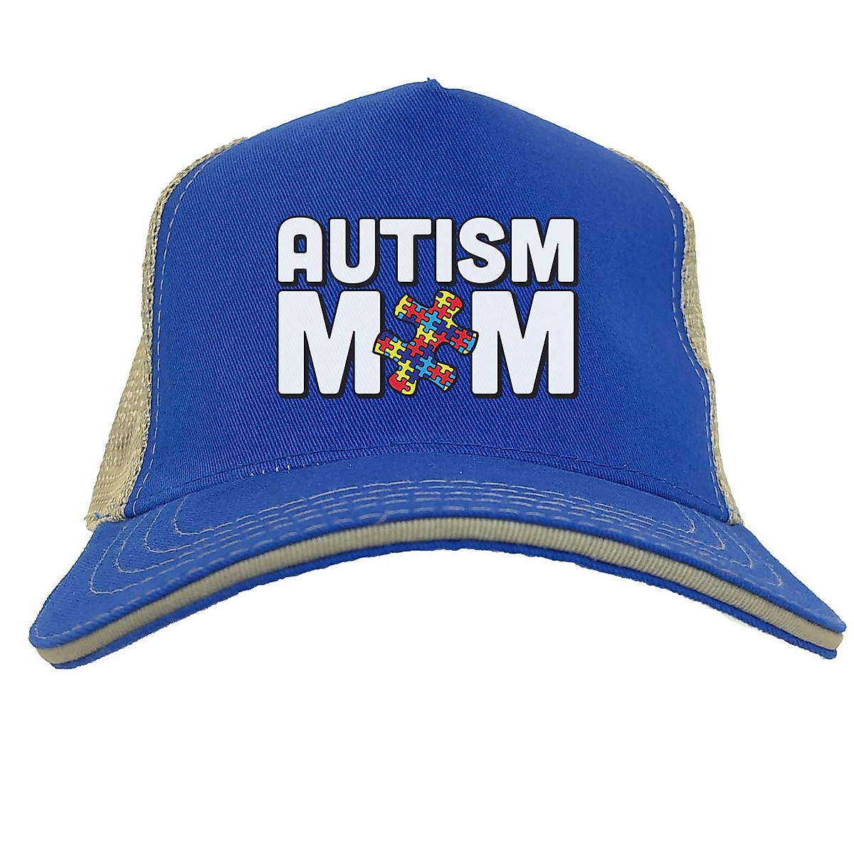 Haase Unlimited Autism Mom - Raise Awareness Twill Soft Mesh Trucker Hat (Royal Blue/Khaki)