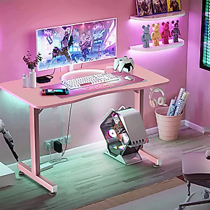 Vitesse Pink Gaming Desk 40 Inch Cute Kawaii Computer Table T Shaped Girl Gamer Workstation Home Office with Carbon Fiber Surface and Headphone Hook (Pink) 40*28*21.5