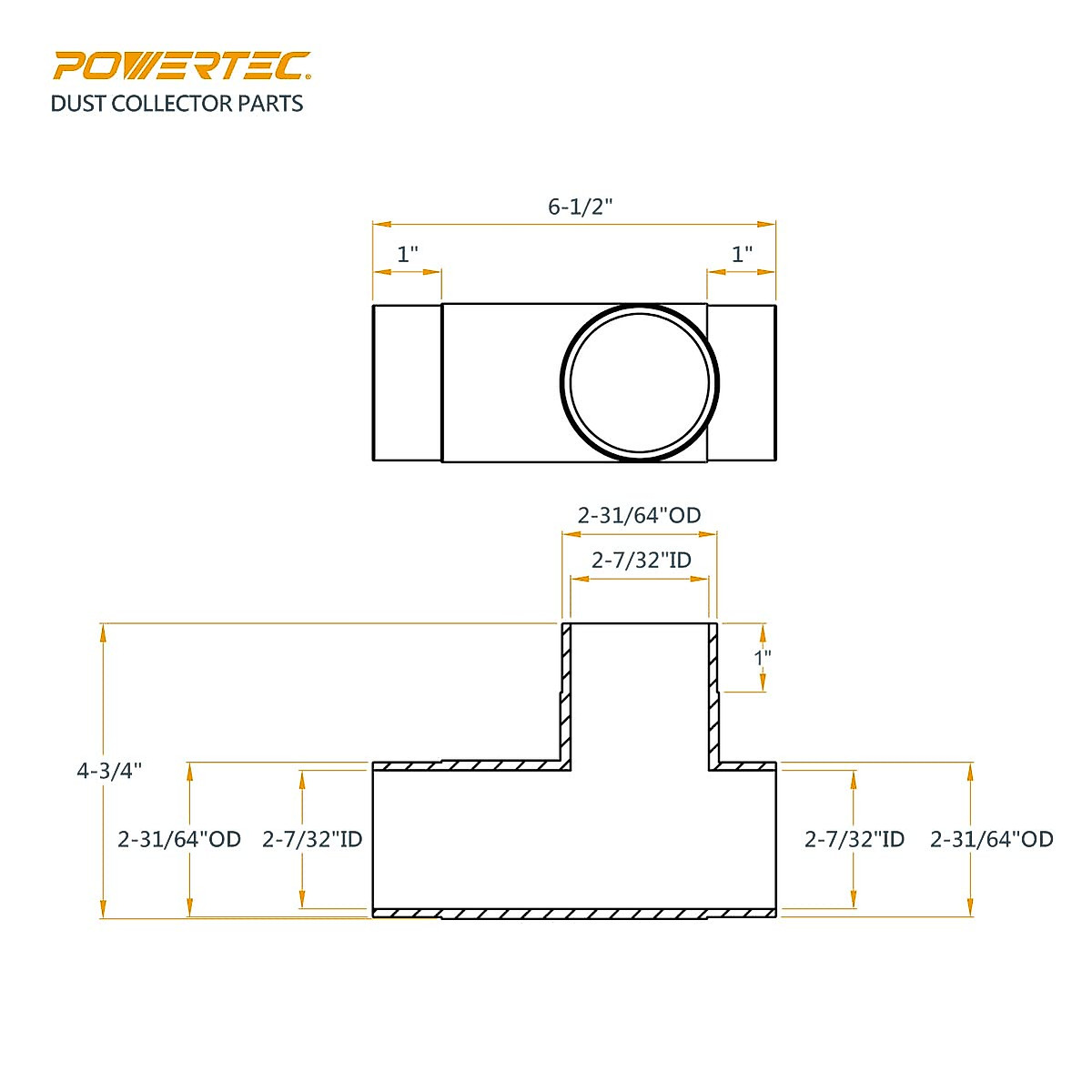 POWERTEC 70180V 2-1/2-Inch Dust Collection T-Fitting, 1 PK