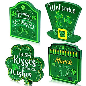 4 Pieces Table Sign Happy St Patricks Day Tabletop Decoration Lucky Shamrocks Wooden Wood Decor Irish Tiered Tray Décor for St. Patrick's Day Party Table Ornaments