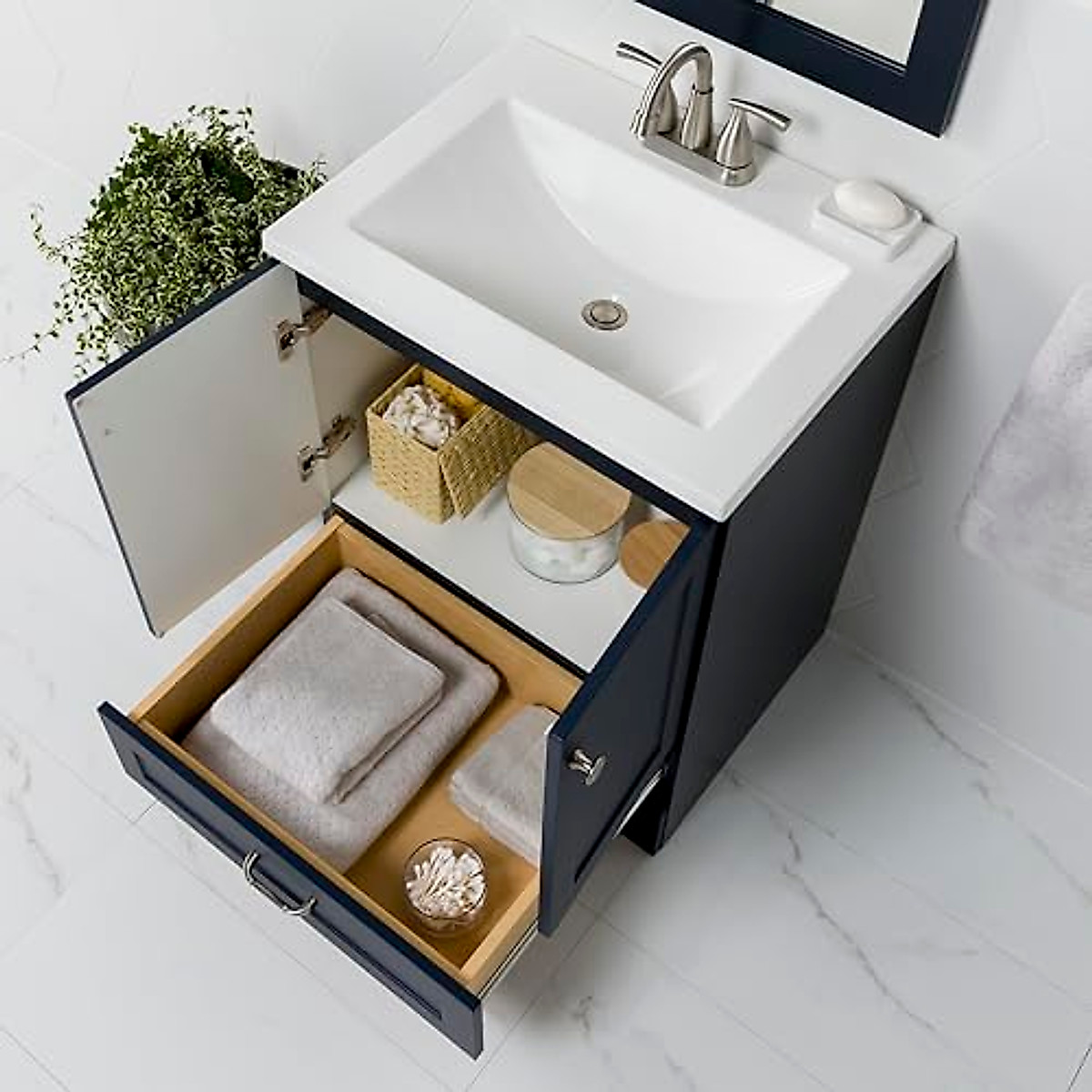 Spring Mill Cabinets Emlyn 24 Inch Bathroom Vanity with White Single Sink Top, 2-Door Cabinet, 1 Drawer, 24.5" W x 18.75" D x 32.89" H, Deep Blue