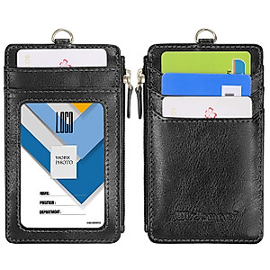 Badge Holder with Zipper, Wisdompro School Supply 2-Sided PU Leather College ID Badge Holder with 1 ID Window, 4 Card Holder Slots, 1 Side Pocket and 20 Inch Leather Neck Strap Lanyard -Vertical Black