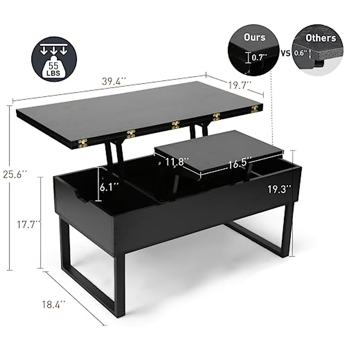 Lift Top Coffee Table, 3 in 1 Multi-Function with Hidden Compartment for Living Room, Modern Lift Coffee Table Converts to Dining Table for Reception, Black