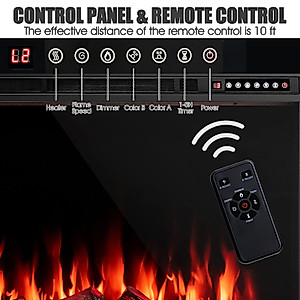 COSTWAY 37-Inch Electric Fireplace, Wall-Mounted and Recessed Fireplace Heater with 4 Flame and Log Colors, 5-Level Flame Speed and Brightness, Remote Control, 8H Timer, Overheat Protection, 1500W