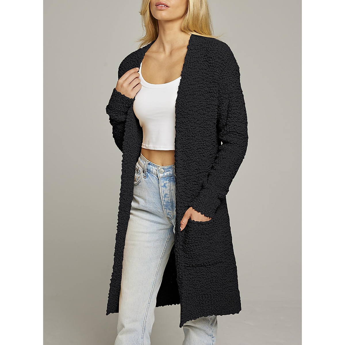 MEROKEETY Women's 2024 Winter Long Sleeve Soft Chunky Knit Sweater Open Front Cardigan Outwear Coat Black