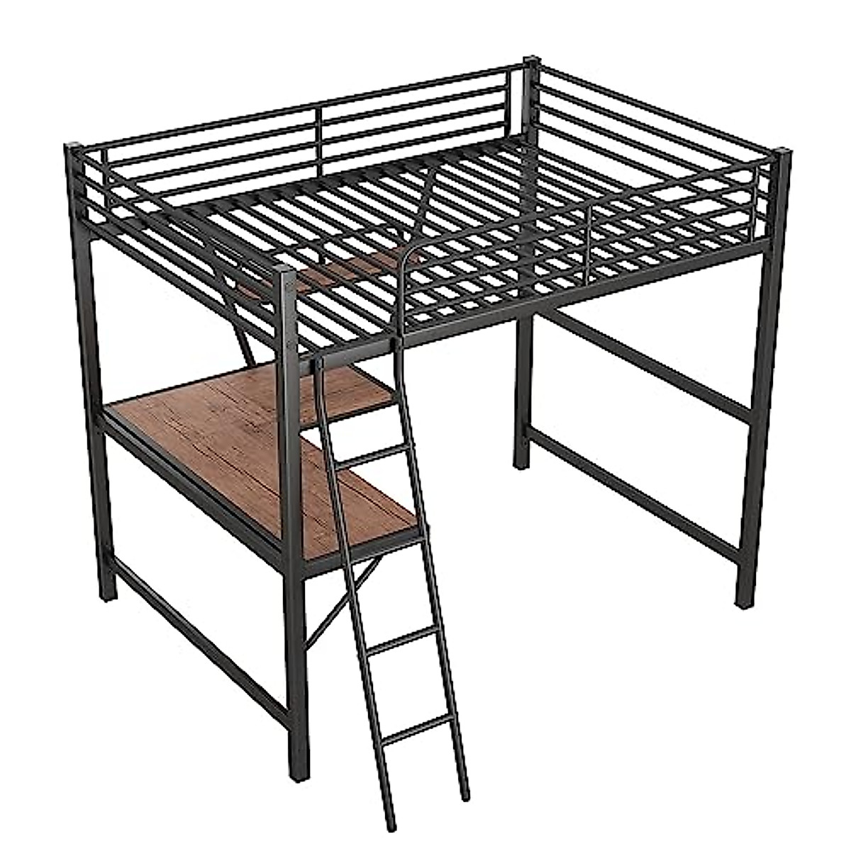 Lifeand Full Size Loft Metal&MDF Bed with Desk and Shelf, Black