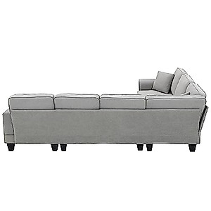 FANYE Modern U-Shaped Upholstered Left Chaise Lounge Sectional, 7 Seaters Sofá Oversized Corner Sofa & Couch with 3 Pillows and Square Plastic Legs for House,Apartment, Office Living Room, Dark Gray