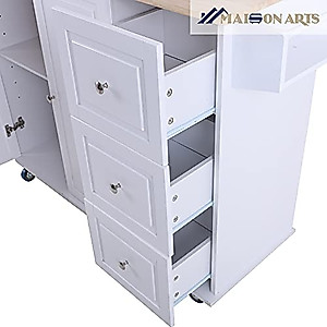 MAISON ARTS Storage Kitchen Island on Wheels with Drop Leaf Rolling Kitchen Cart with 2 Doors & 3 Drawers Rubber Wood Countertop, White