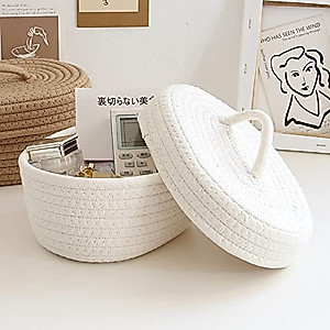Atyhao Storage Bins,Desktop Storage Box with Lid Handmade Cotton Rope Storage Basket for Makeup Sundries Snack Needles (Milky White)