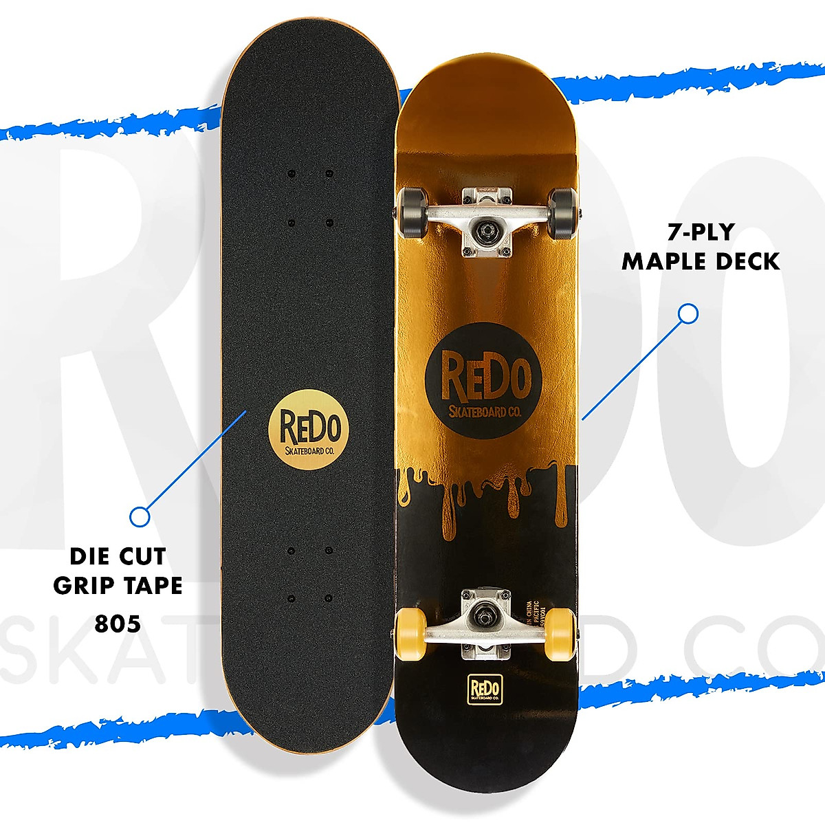 ReDo Skateboard 31" x 7.675" Champion Drip Pop Complete Skateboard for Boys Girls Kids Teens