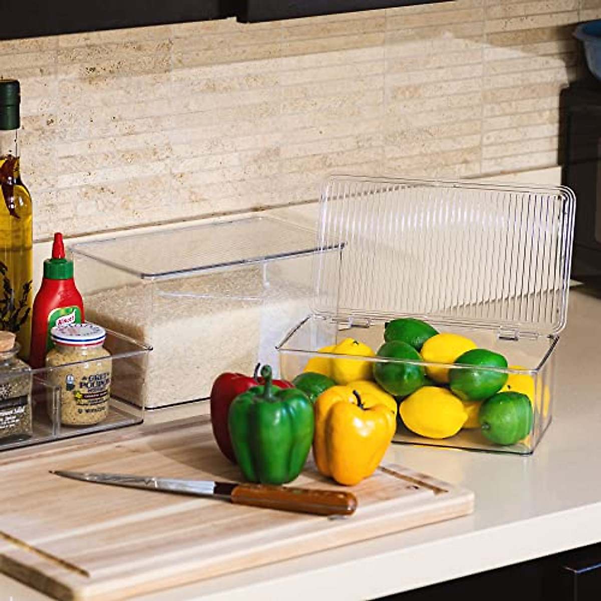 Sorbus Pantry Storage with Lids- Clear Plastic Refrigerator Bins- MultiPurpose & Versatile Stackable Cabinet Organizers- Cosmetics, Office Supplies, Food Organizer- 2 Pack (L,M)