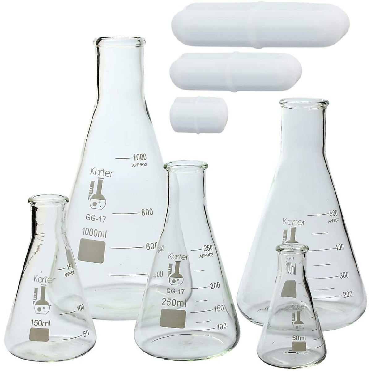 Glass Erlenmeyer Flask Set with Magnetic Stir Bar Set, 5 Sizes - 50, 150, 250, 500, and 1L, 3.3 Boro. Glass, Karter Scientific 213B4
