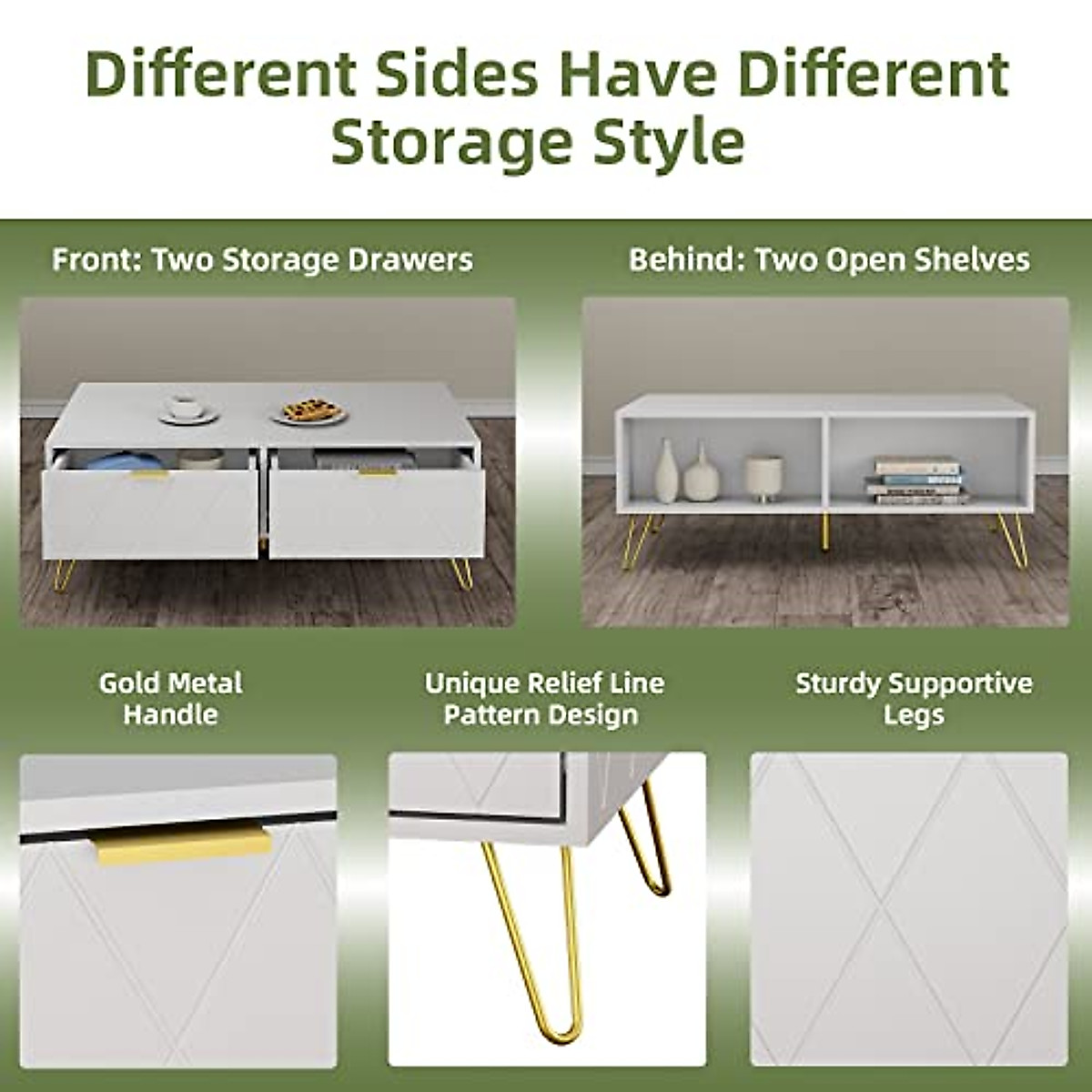 Scurrty 39.4'' Coffee Table with Large Drawers & 2 Open Storage Shelves, White Modern Coffee Tables with Gold Metal Handles for Living Room, Bedroom and Study (White)