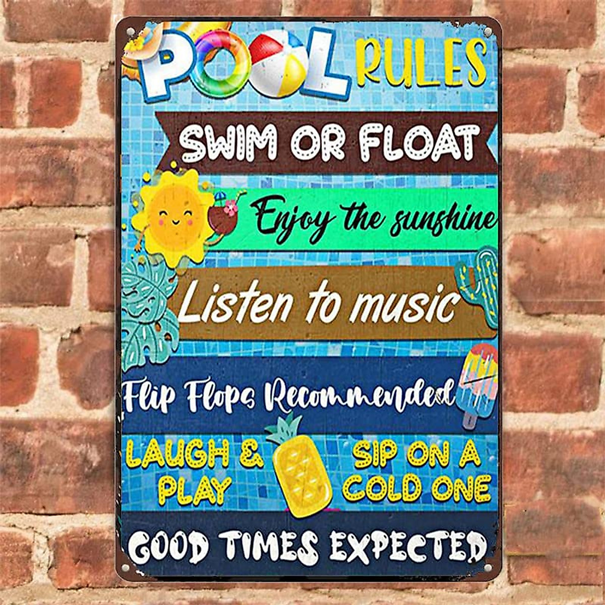 Pool Rules Swim Or Float Enjoy The Sunshine Funny Metal Tin Sign 12x16 Inch for Home Swimming Pool River Beach Farmhouse Garden Outdoor Funny Wall Decor