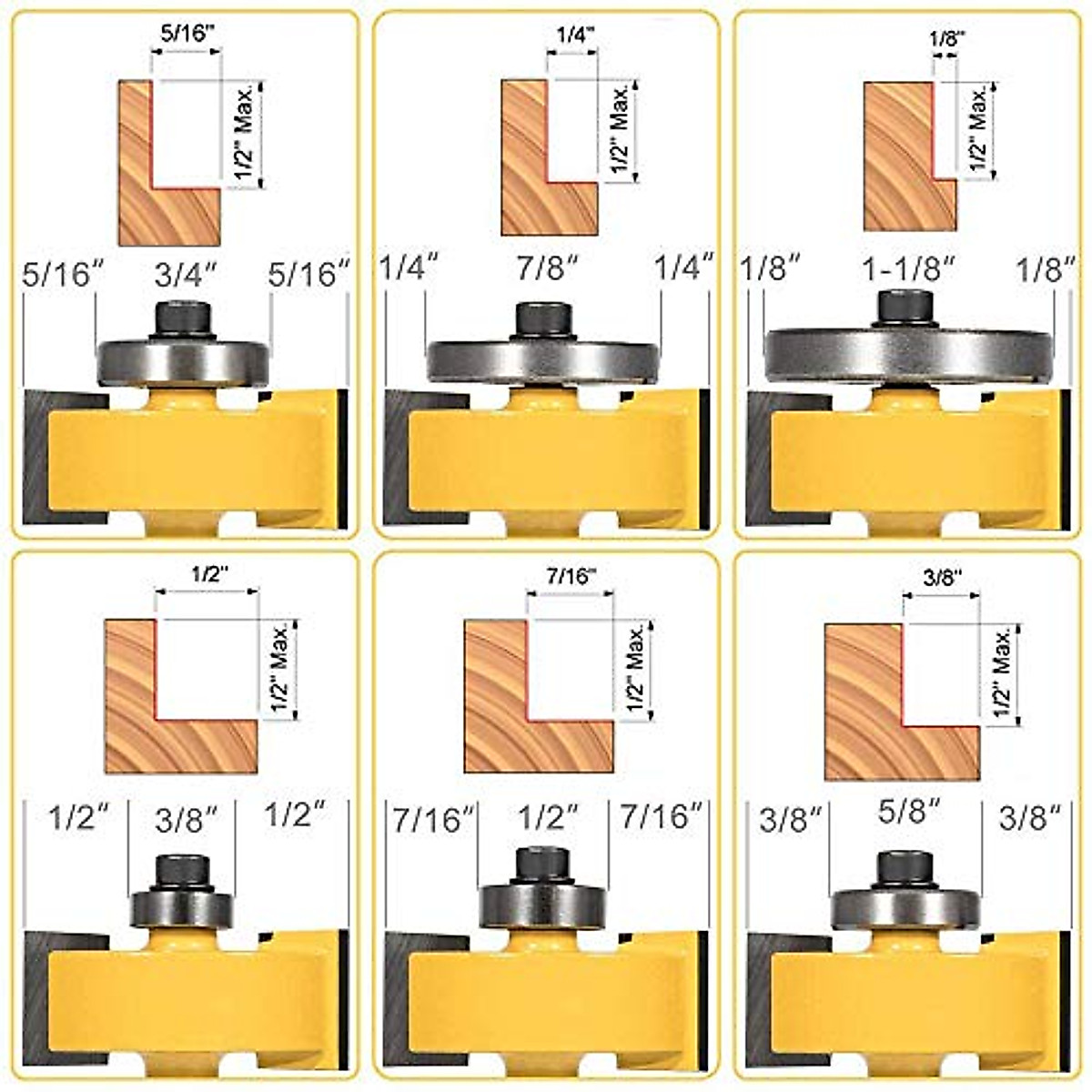 Eyech 1/4 Inch Shank Rabbet Router Bit Set with 6 Bearings Rabbeting Router Bit Bearings Set for Multiple Depths 1/8", 1/4", 5/16", 3/8", 7/16", 1/2"