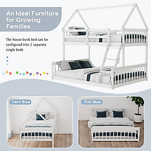 Giantex Wood Twin Over Full Bunk Bed, Solid Wood House Bed Frame Built in Ladder & Safety Guardrails, Convertible to 2 Beds, Floor Bunk Bed for Kids Teens Juniors, No Box Spring Needed, White