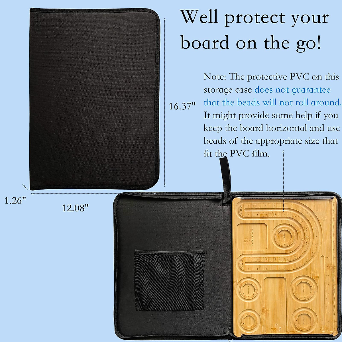 Svartur Combi Bamboo Beading Board with Zipper Storage Case, Imperial Measurements Marked Wood Bead Design Board for Bracelet, Necklace, Bead Mat for Jewelry Making Tray, 15.35 * 11.42 * 0.39"