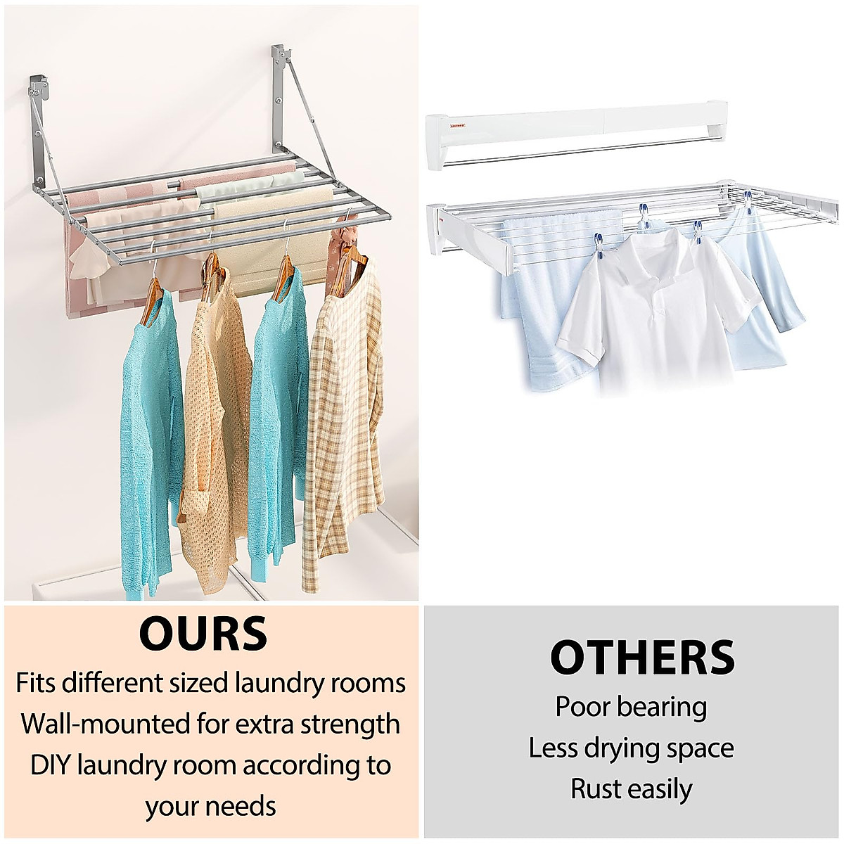 Bigzzia Wall Mounted Clothes Drying Rack, 24Inch Foldable Stainless Steel Drying Rack Clothing, 50 LB Capacity, Space Saver Laundry Rack with 8 Hanging Rods -Silver