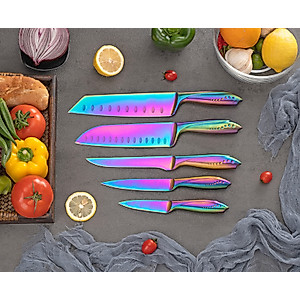 WELLSTAR Rainbow Knife Set 5 Piece, Razor Sharp German Stainless Steel Blade with Iridescent Titanium Coated, Kiritsuke Santoku Boning Utility Paring for Kitchen Cutting Dicing Filleting and Peeling