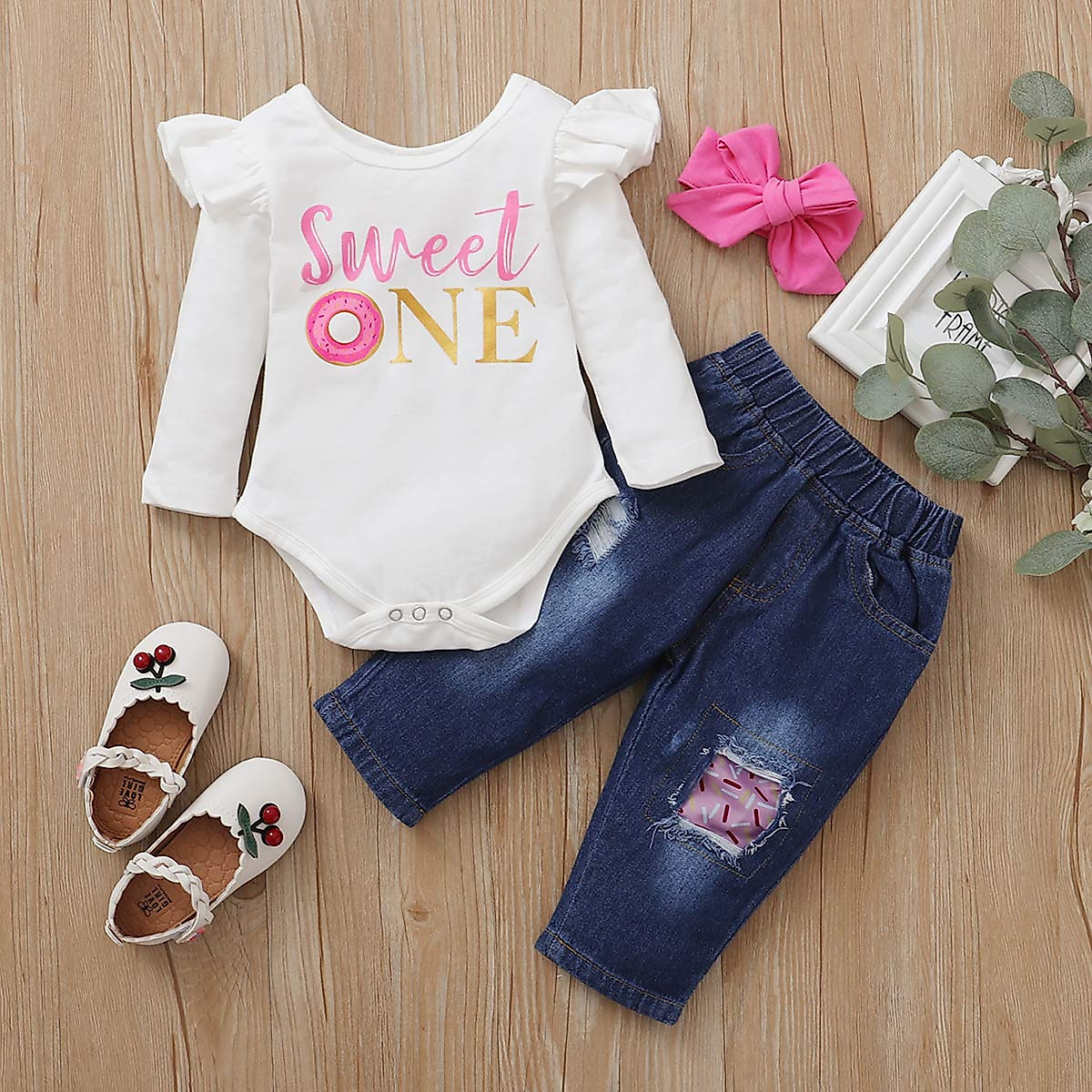 Baby Girls One Year Old Birthday Clothes Denim Jeans Outfits with Headband (White-Long,12-18 Months)
