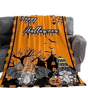 Throw Blanket- Halloween Gnome Soft Warm Plush Fleece Bed Throw,50x60In Flannel Blankets Scary House and Pumpkins Bedding Throws for Women/Men Bedroom Living Room Office Decor Orange Tartan Plaid