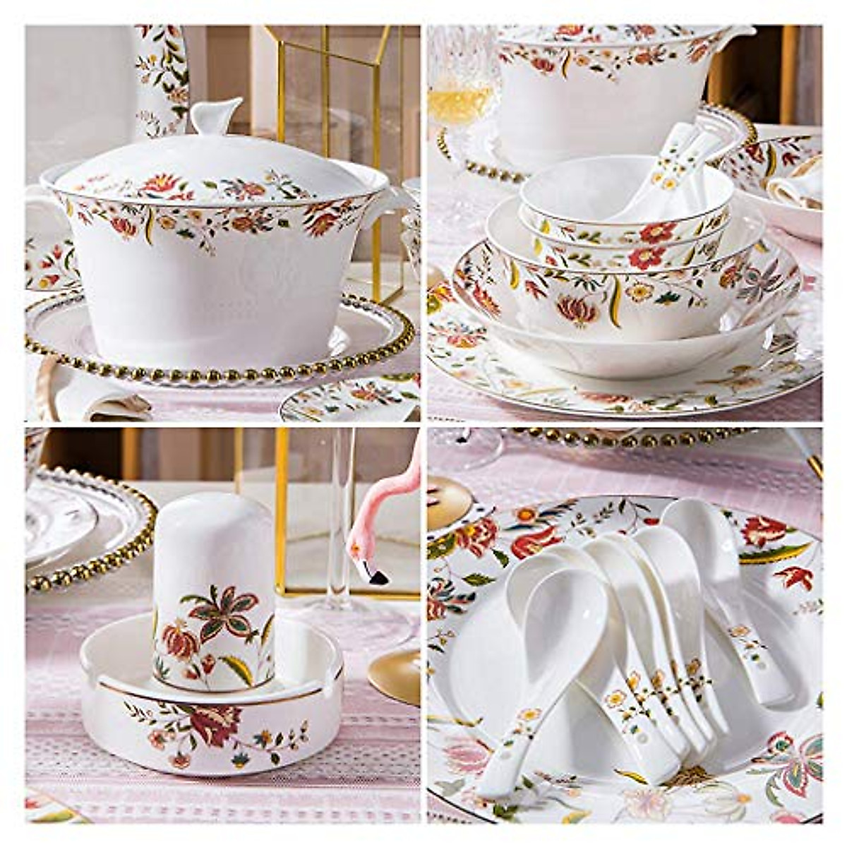 High-End Dinner Set,Ceramics Dinner Sets, Cereals Bowl & Soup Pot & Plate | 56 Pieces Bone China Porcelain Dinnerware Set for Wedding Gifts and New Year