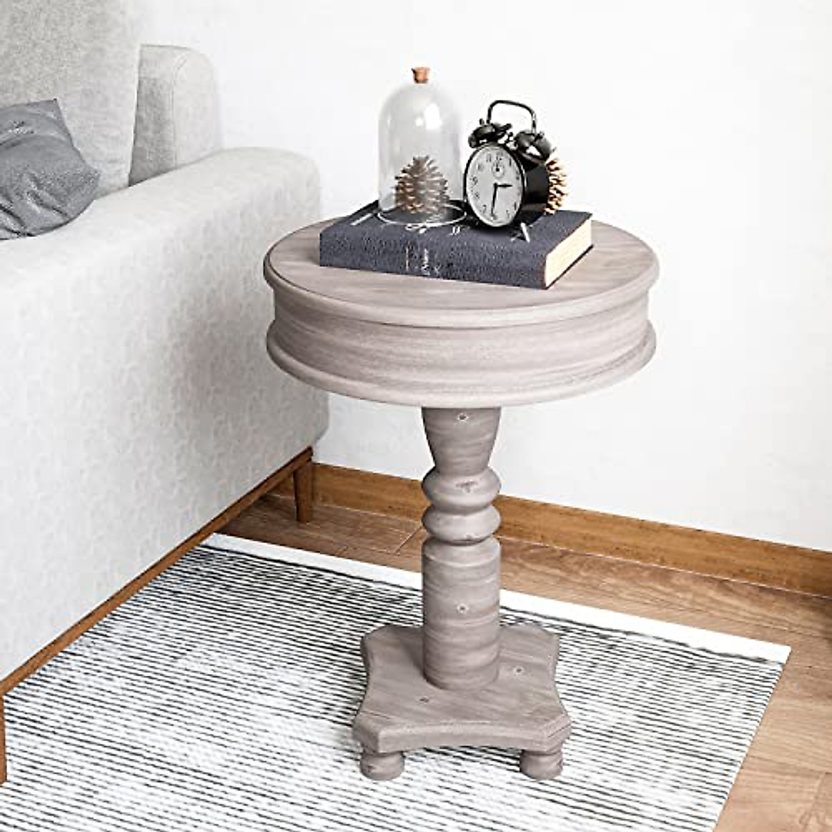 HOMPUS Vintage End Table Set of 2, Round Rustic Side Table Sets w Wood Grain Finish, 2 Pieces Nightstand Small Accent Table Mid-Century Modern for Living Room, Bed Room, Light Grey