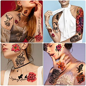 Yazhiji 49 sheets Large Flowers Skull Waterproof Temporary Tattoos for Women and Girls, Realistic Tiger Wolf Bird Temporary Fake Tattoo for Kids or Adults