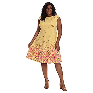 London Times Women's Floral Border Cap Sleeve Fit & Flare Dress, Yellow/Spiced Coral, 4