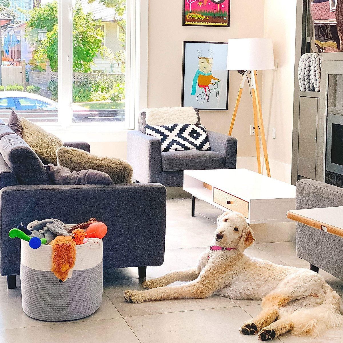 MINTWOOD Design 15 x 14.2 Inches Woven Cotton Rope Storage Basket, Stuffed Toy Basket Bin, Laundry Basket Hamper, Nursery Basket, Dog Toy Basket, Blanket Basket, Gift Basket, Dark Gray