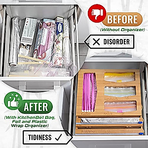 KitchenBe1 - Ziplock Bag Organizer together with Foil and Plastic Wrap Dispenser Cutter, Storage for Drawer or Wall, Zip Lock Sandwich Baggie Container Organization Bamboo, Natural (BambooBox01)