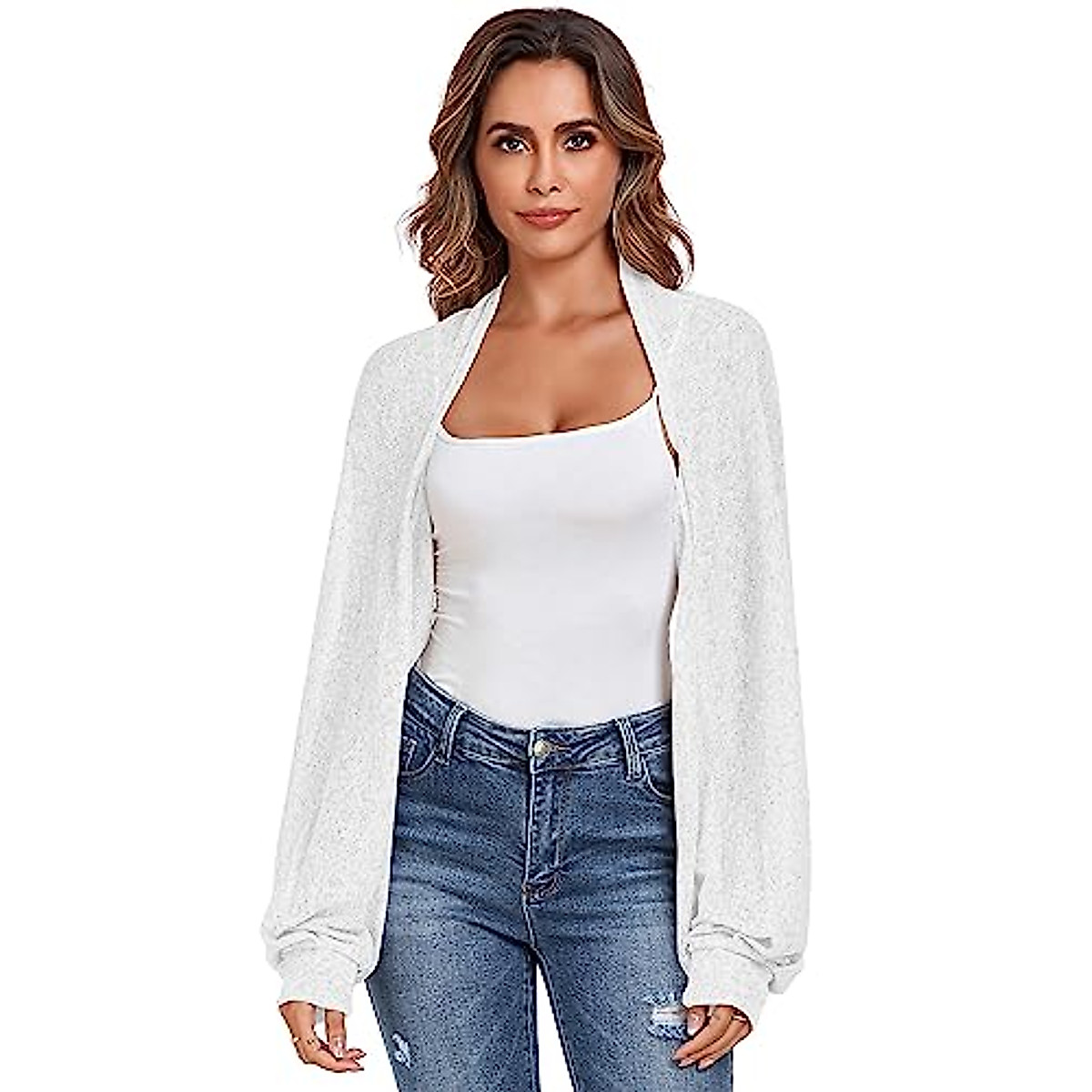 ZAFUL Women's Long Sleeve Open Front Bolero Shrug Crop Top Cardigan Elegant White L