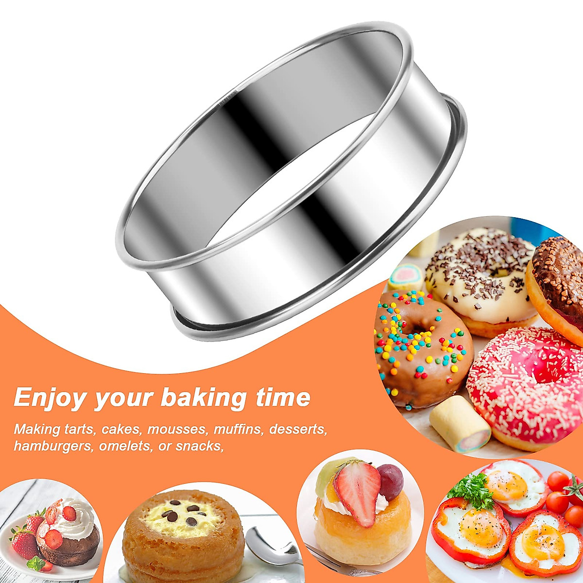 Catcan 6 Pieces English Muffin Rings, 3.15 Inch Stainless Steel Crumpet Ring Double Rolled Tart Ring Nonstick Metal Round Ring Molds with Silicone Oil Brush