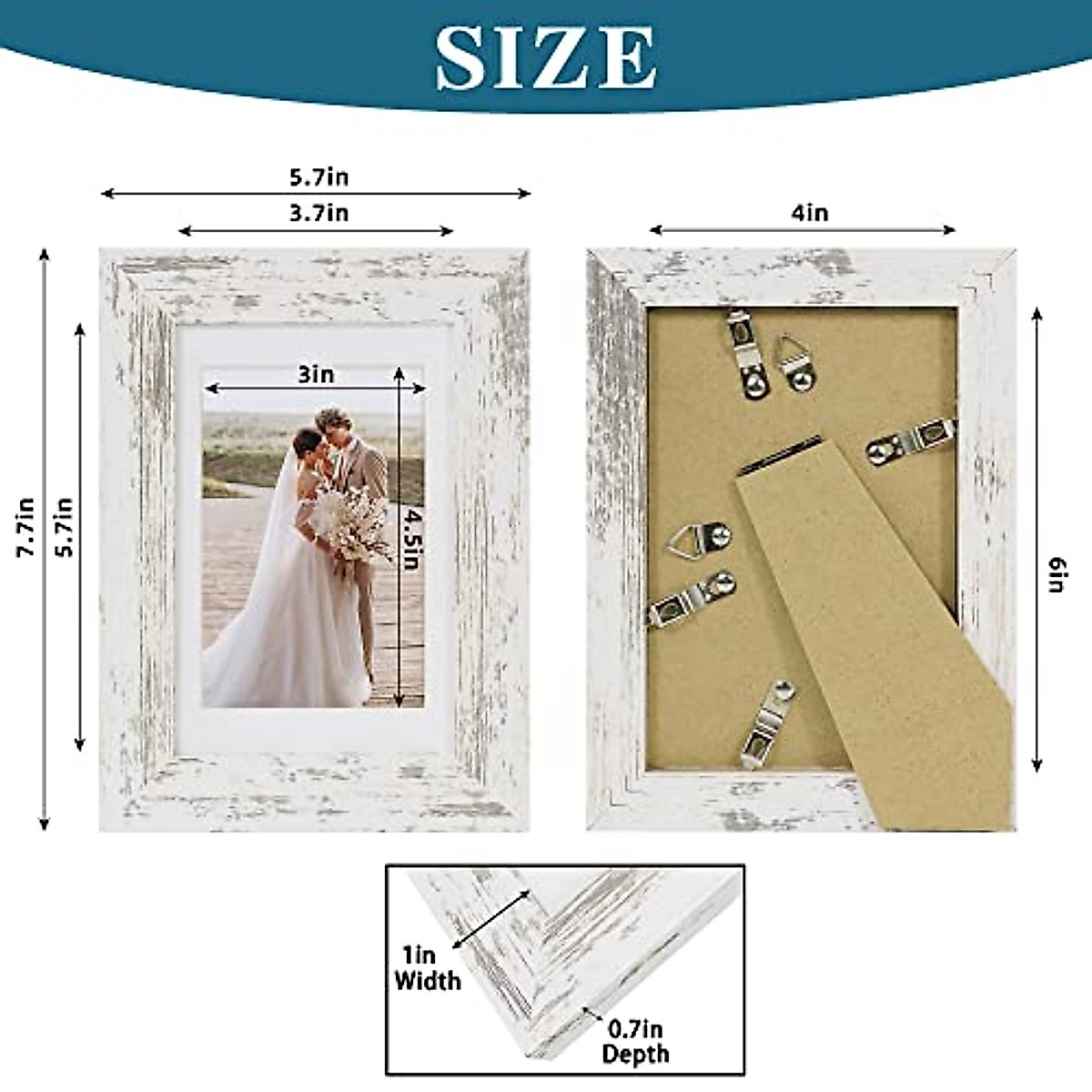 Hongkee 4x6 Picture Frame Set of 4, with Real Glass and Distressed White Wood Frame, Multi 4 by 6 Picture Frame for Wall or Tabletop Display, Display Picture 3.5x5 with Mat or 4x6 Without Mat
